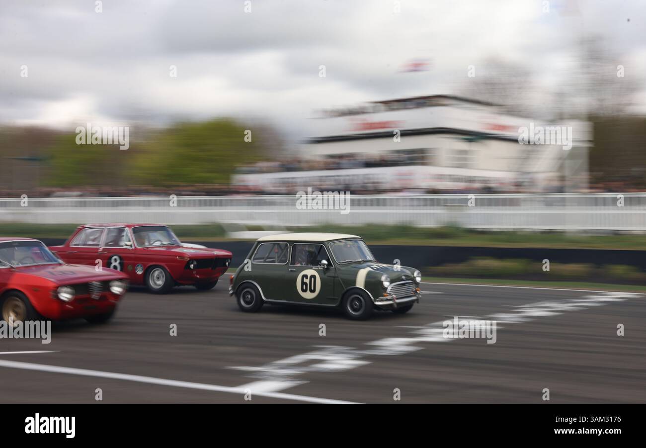 A general view of classic car racing at the 82nd Members' Meeting at Goodwood Motor Circuit in ...