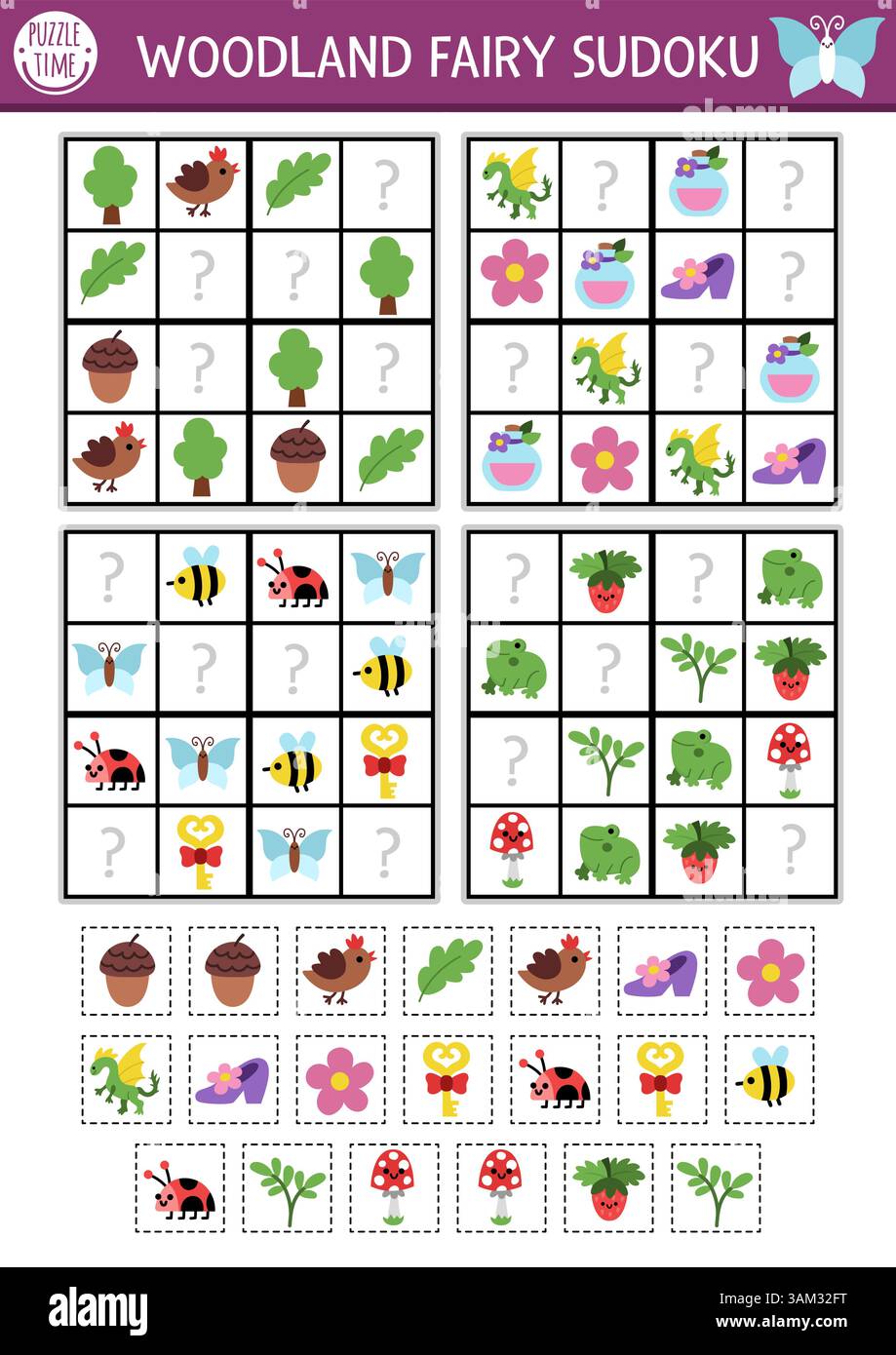 Vector fairyland sudoku puzzle for kids with pictures. Simple woodland ...