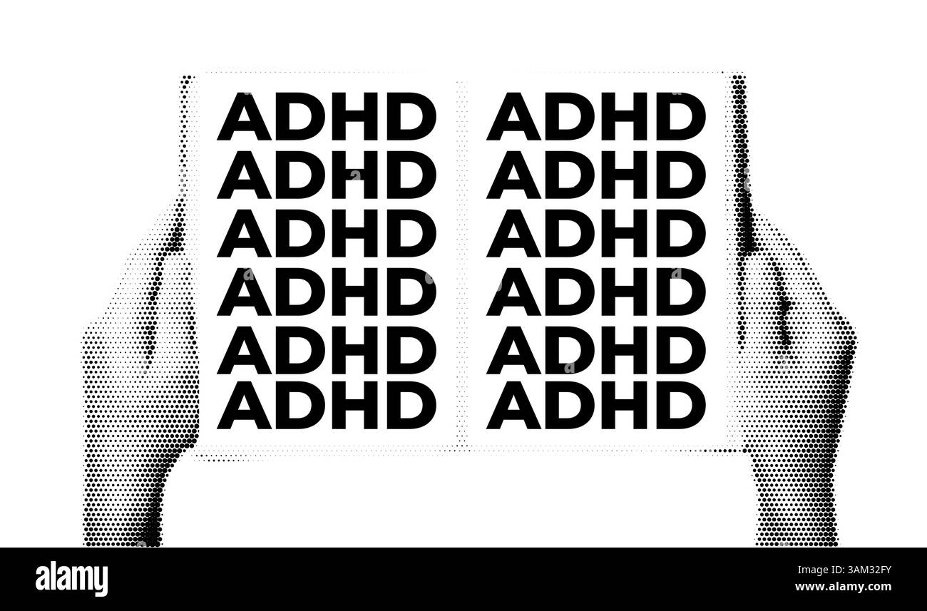 Halftone Illustration of Hands Holding an Open Book with the Text ADHD ...
