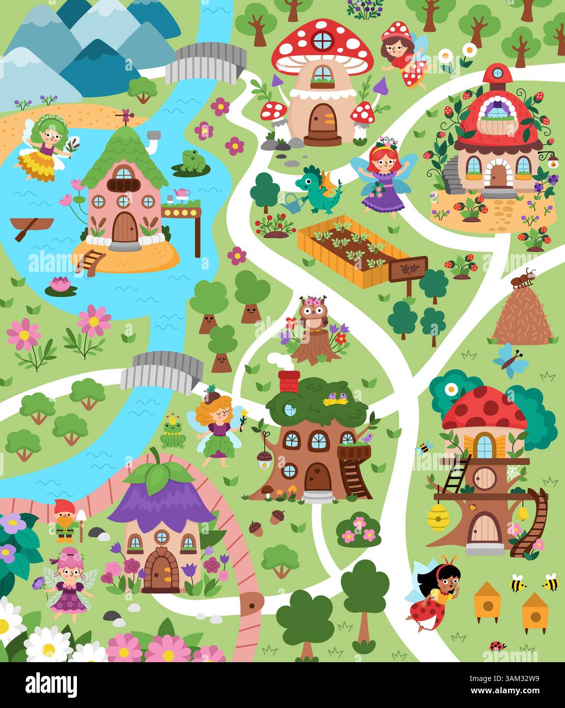 Vector fairyland map background with characters. Fairy land landscape ...