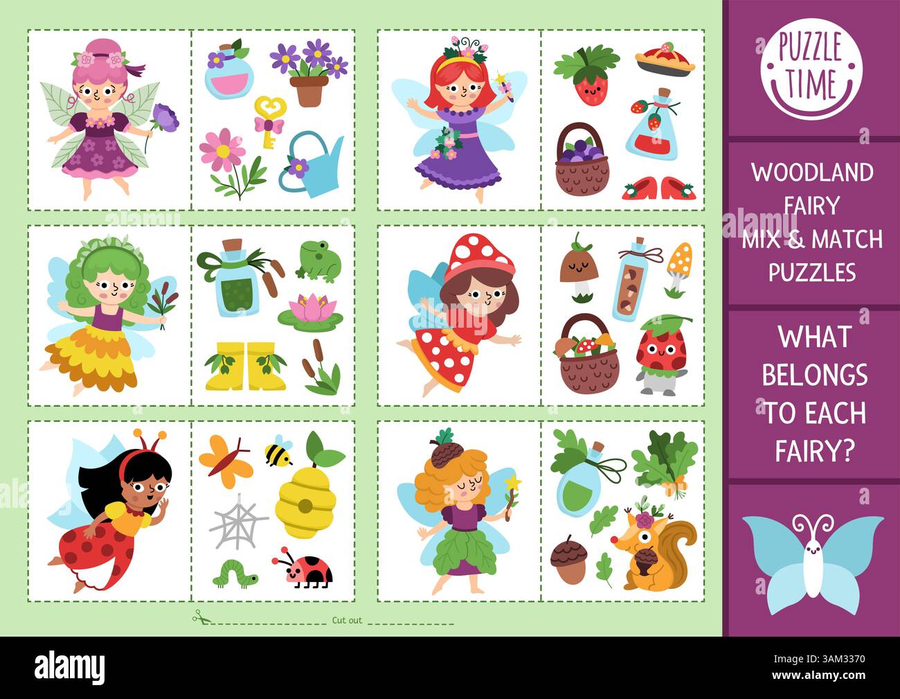 Vector fairyland mix and match puzzle with cute fairies and their ...