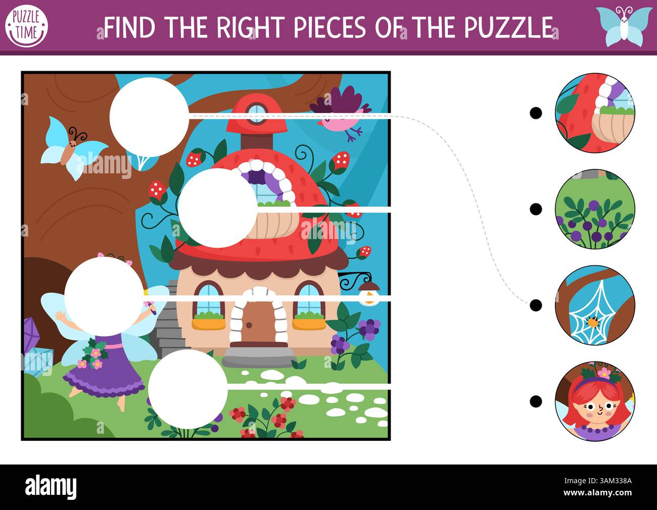 Fairyland matching activity with magic forest scene, berry house, cute ...
