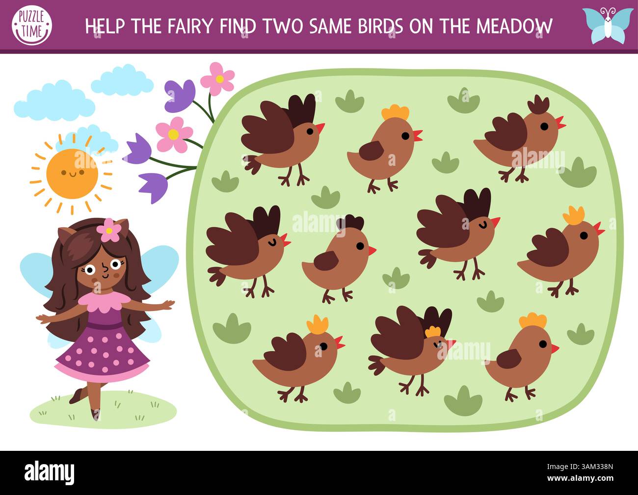 Help fairy find two same birds in the meadow. Fairyland matching ...