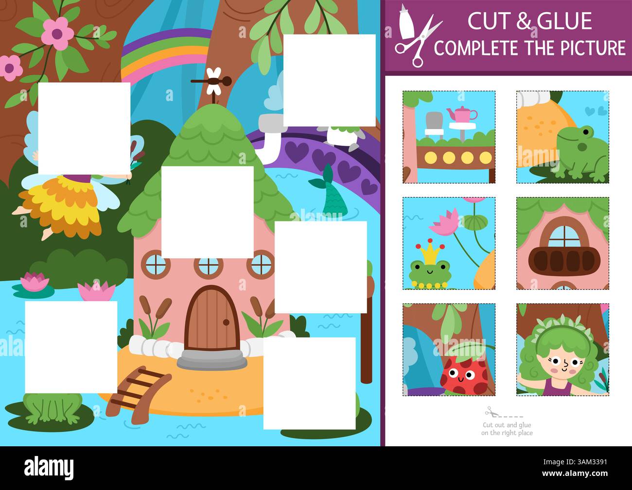 Vector fairyland cut and glue activity. Woodland fairy crafting game ...