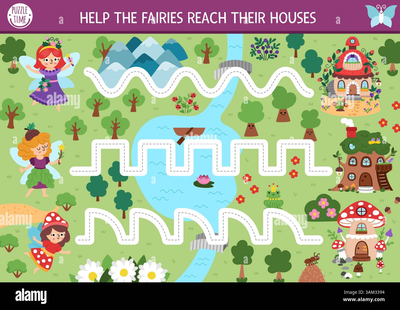 Vector handwriting practice worksheet with woodland fairies in forest ...