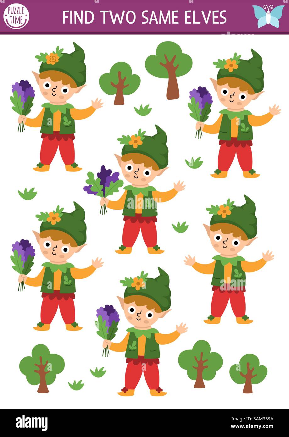 Find two same elves. Fairyland matching activity for children. Magic ...