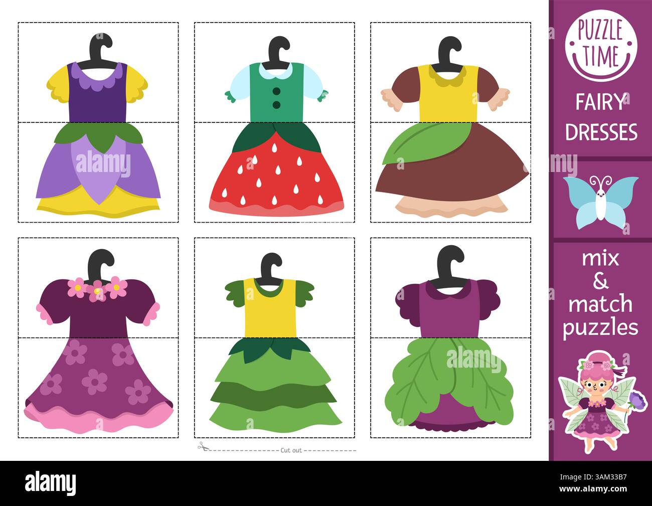 Vector fairyland mix and match puzzle with cute fairies and their ...