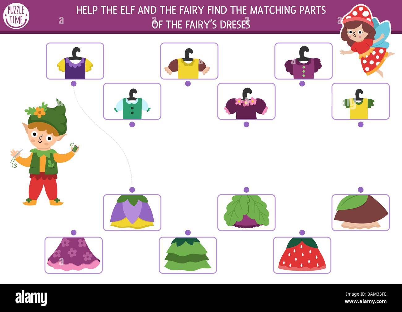 Woodland fairy matching activity with elf seamstress and dresses for ...