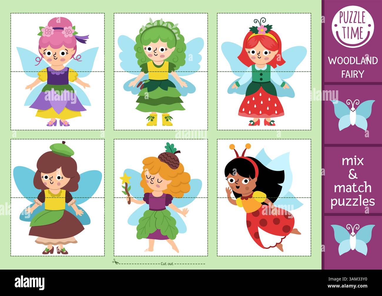 Vector fairyland mix and match puzzle with cute fairies in beautiful ...