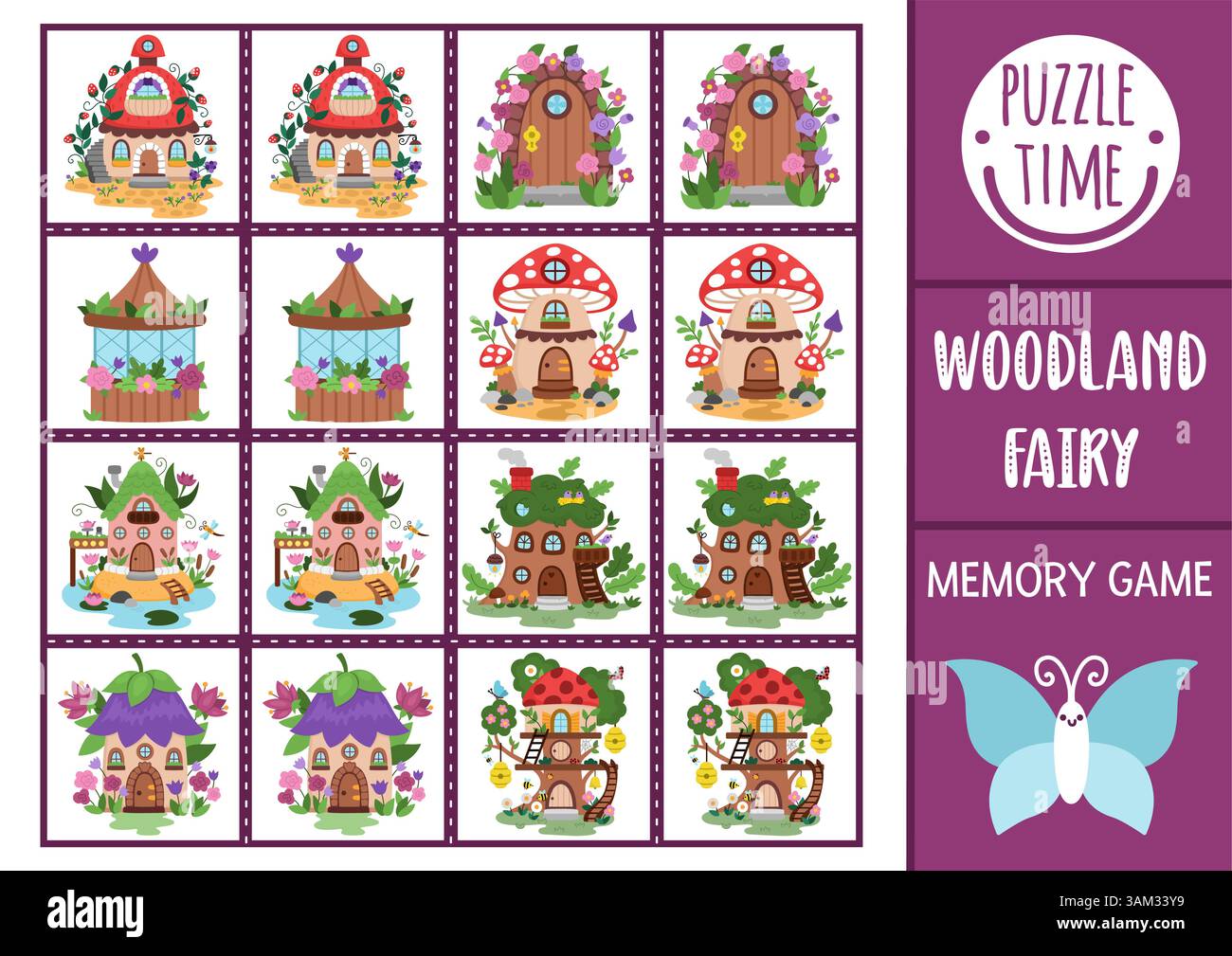 Vector fairyland memory game cards with cute fairy houses. Woodland ...