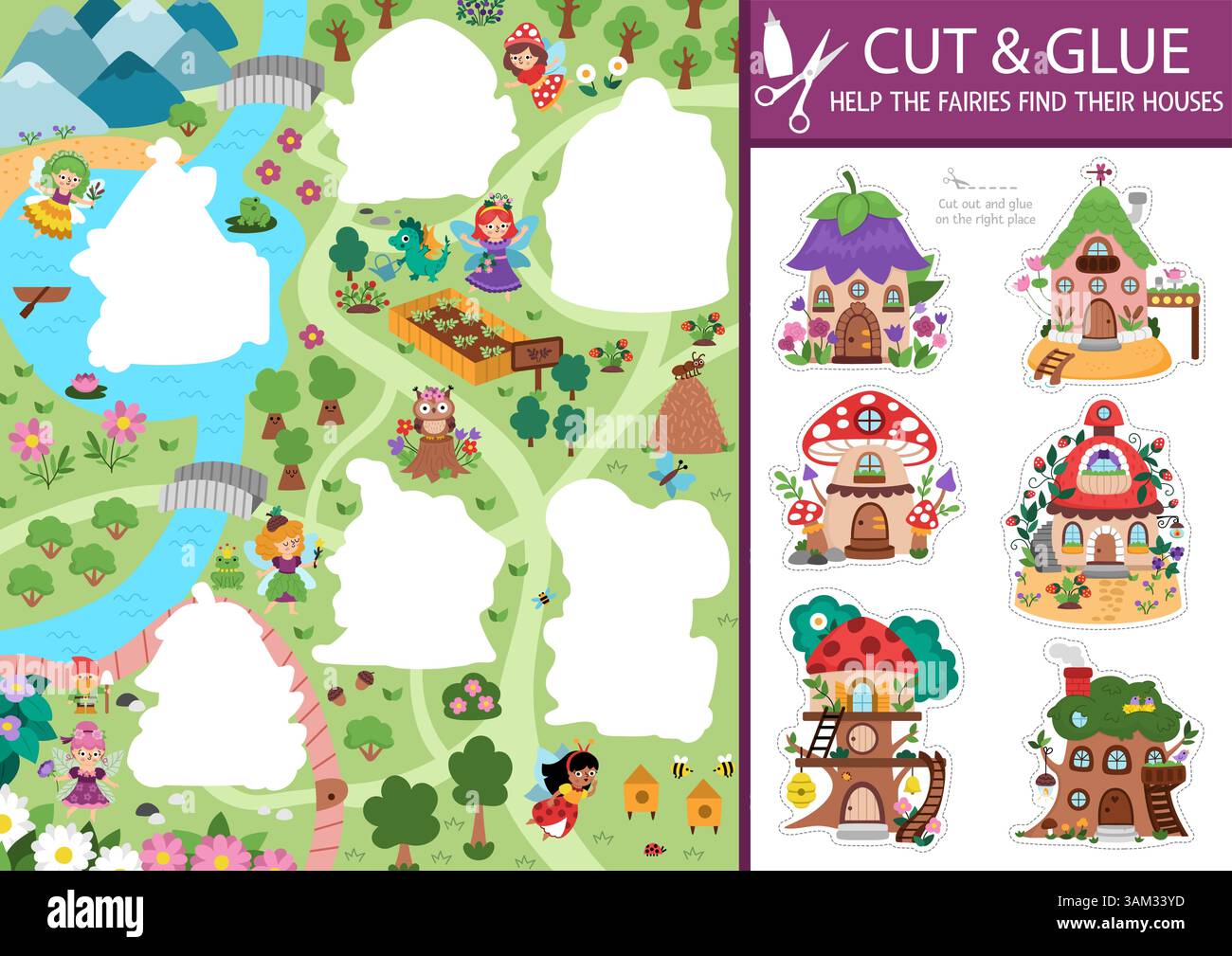 Vector woodland fairy cut and glue activity with missing houses ...