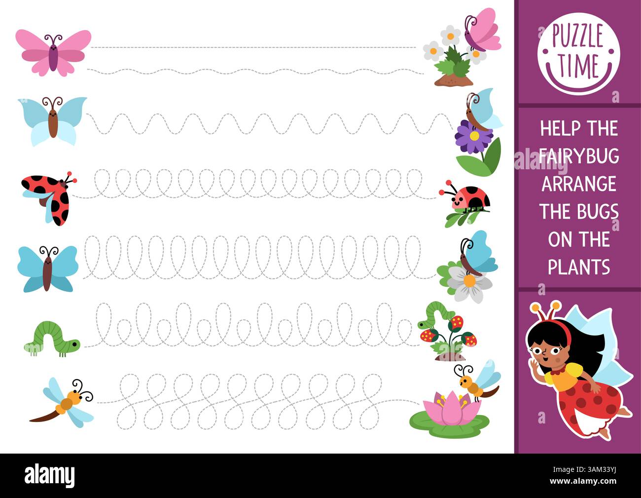 Vector handwriting practice worksheet with woodland fairy arranging ...