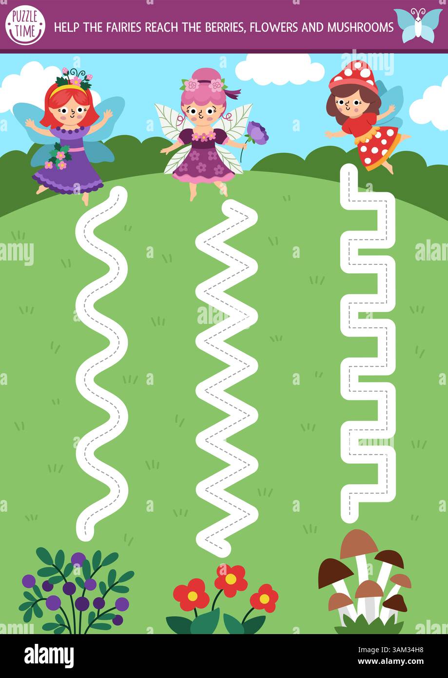Vector handwriting practice worksheet with woodland fairies on meadow ...