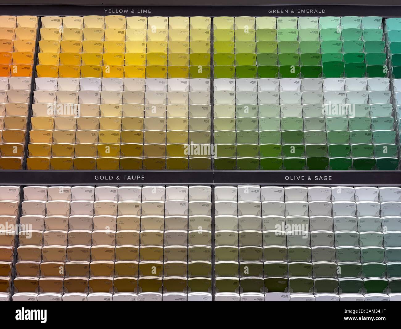 Rows of paint swatches in shades of yellow, green, gold, and olive in a ...
