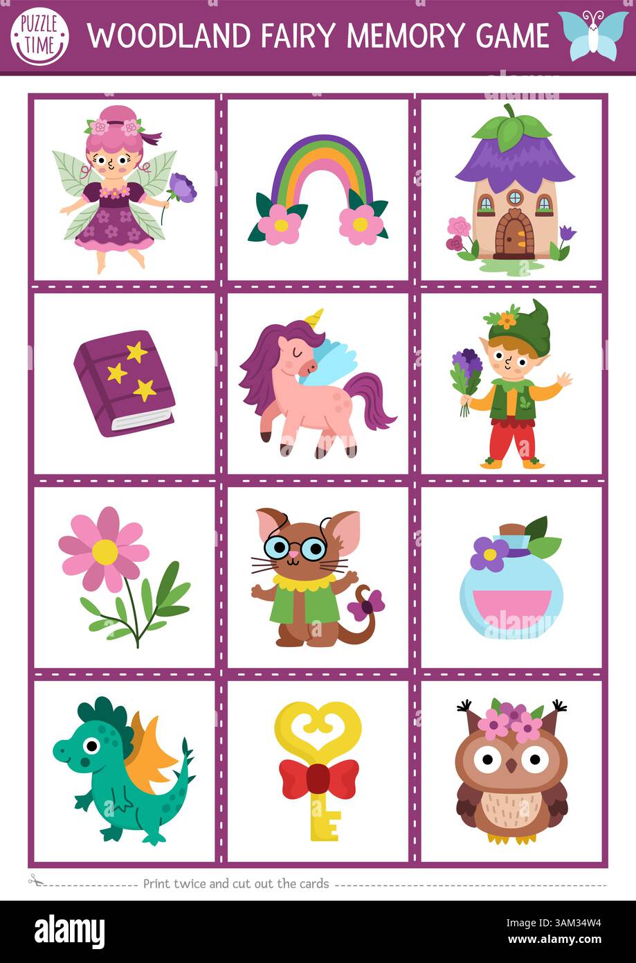 Vector fairyland memory game cards with cute unicorn, elf, rainbow ...