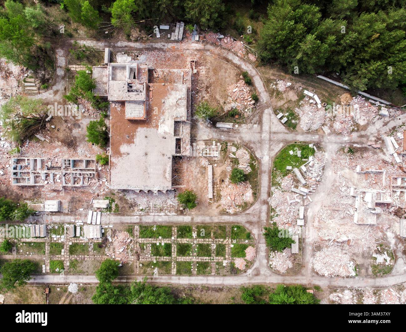 Aerial drone view of old demolished industrial building. Pile of ...