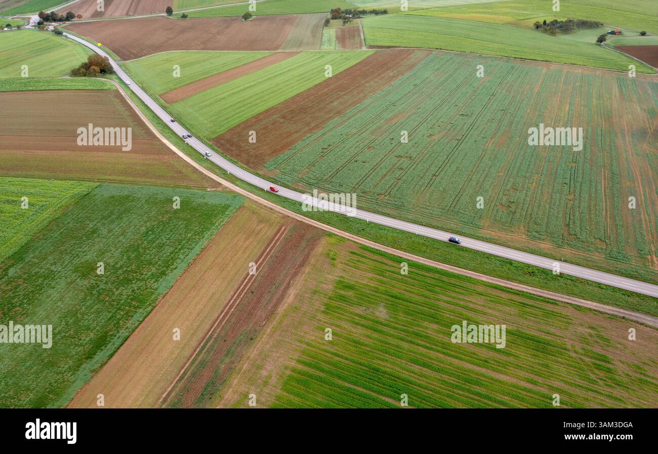 Drone aerial view of a single-lane road passing through agricultural ...