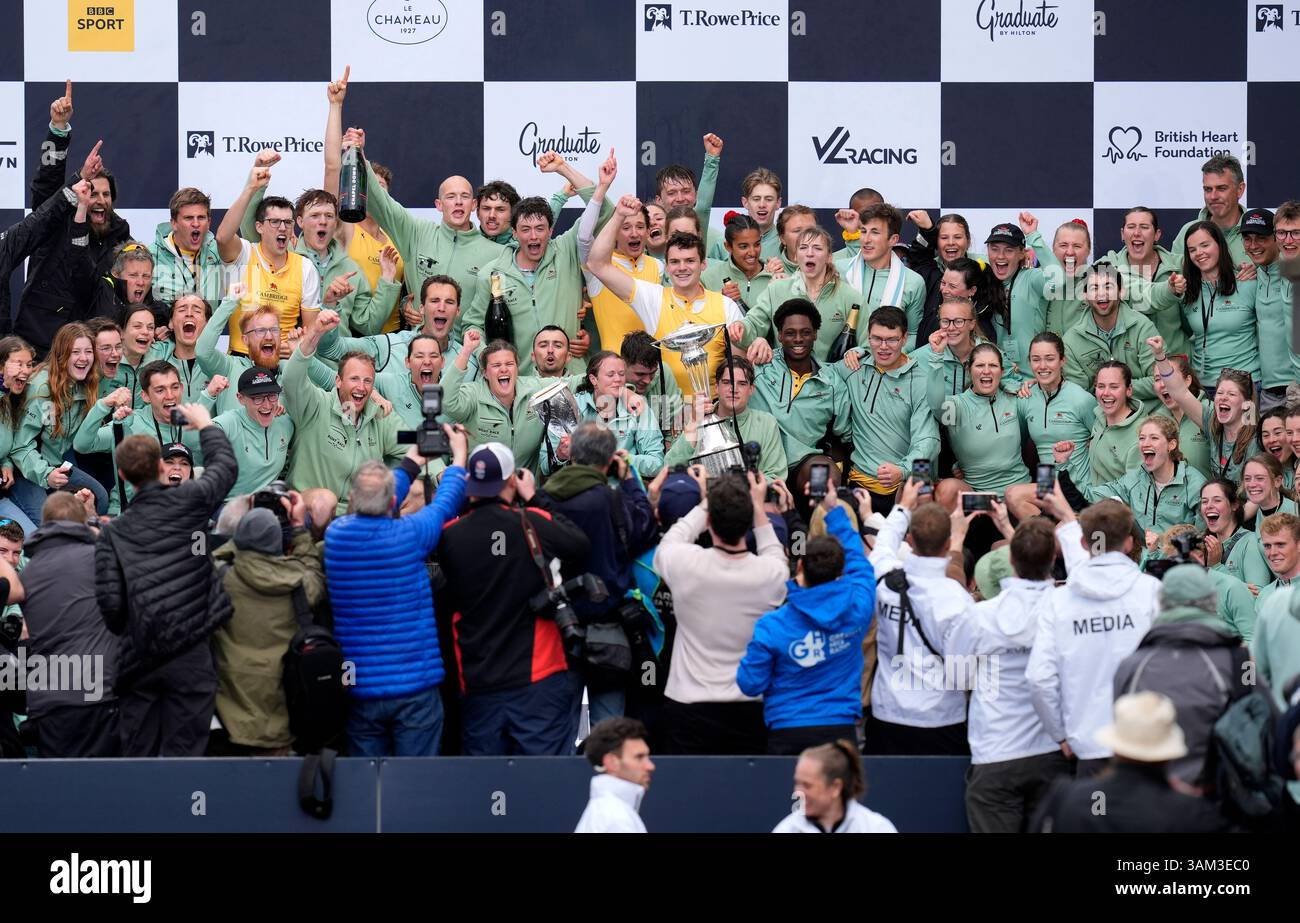 Cambridge women's team and Cambridge men's team rowers celebrate with ...