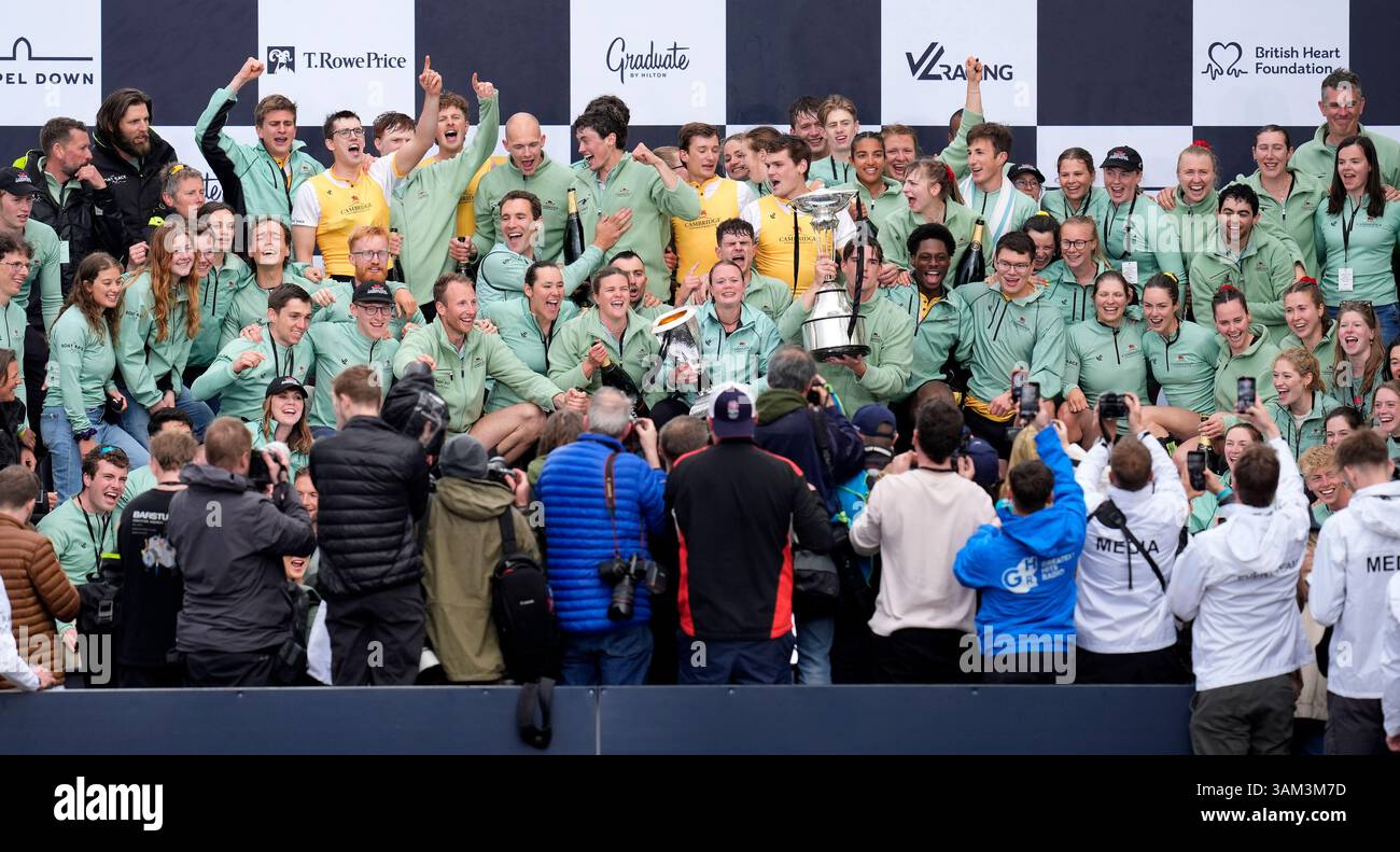 Cambridge women's team and Cambridge men's team rowers celebrate with ...