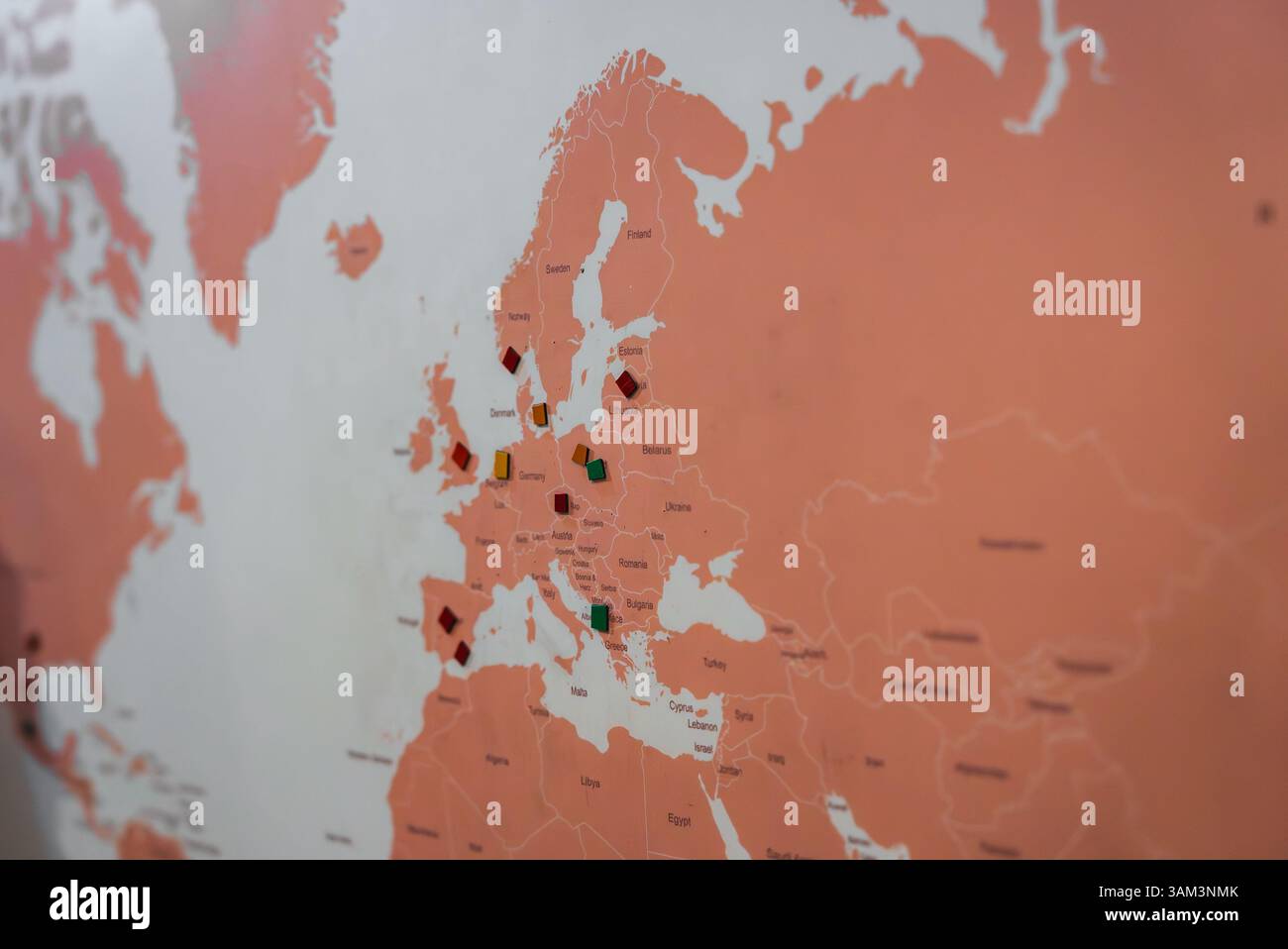 Close Up of a World Map Highlighting Europe with Colored Markers Stock ...