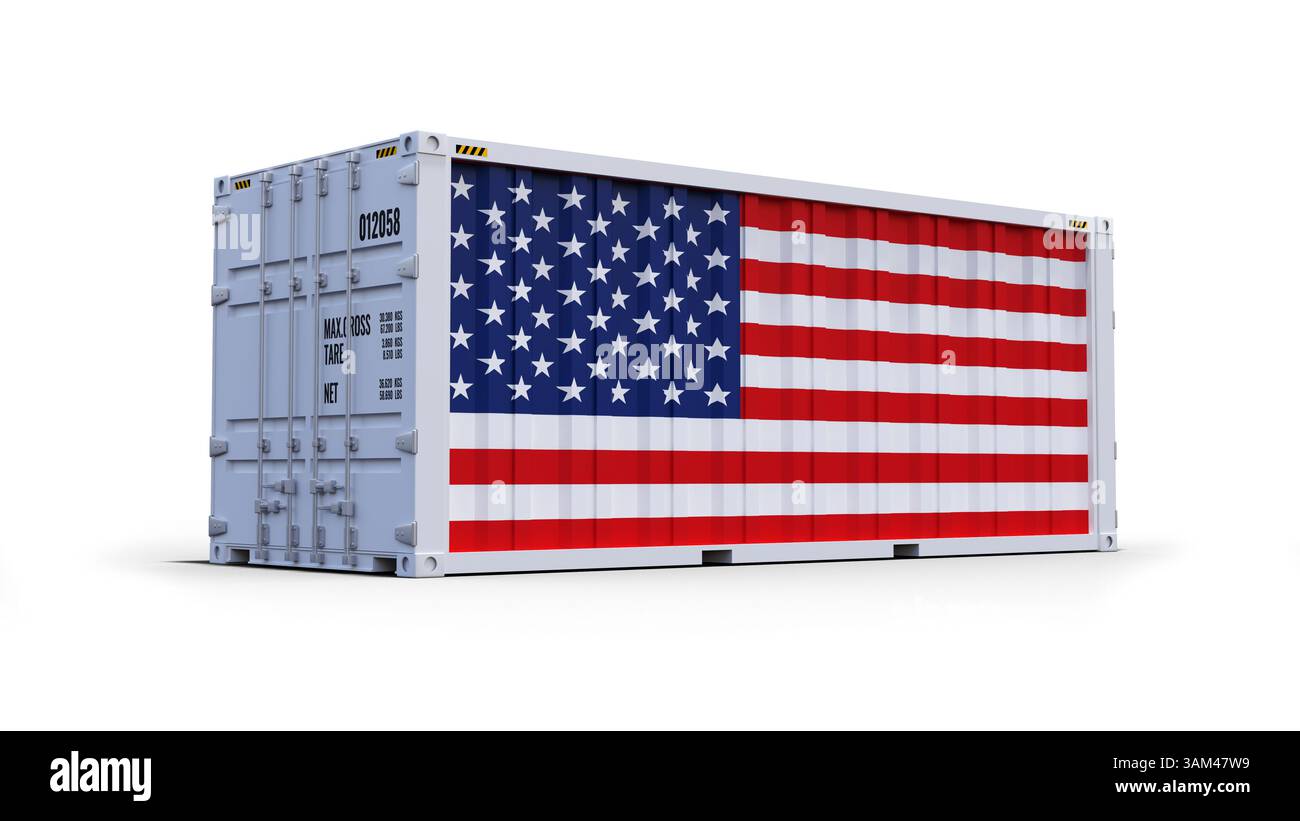 shipping container with american flag printed on it - 3d rendering ...