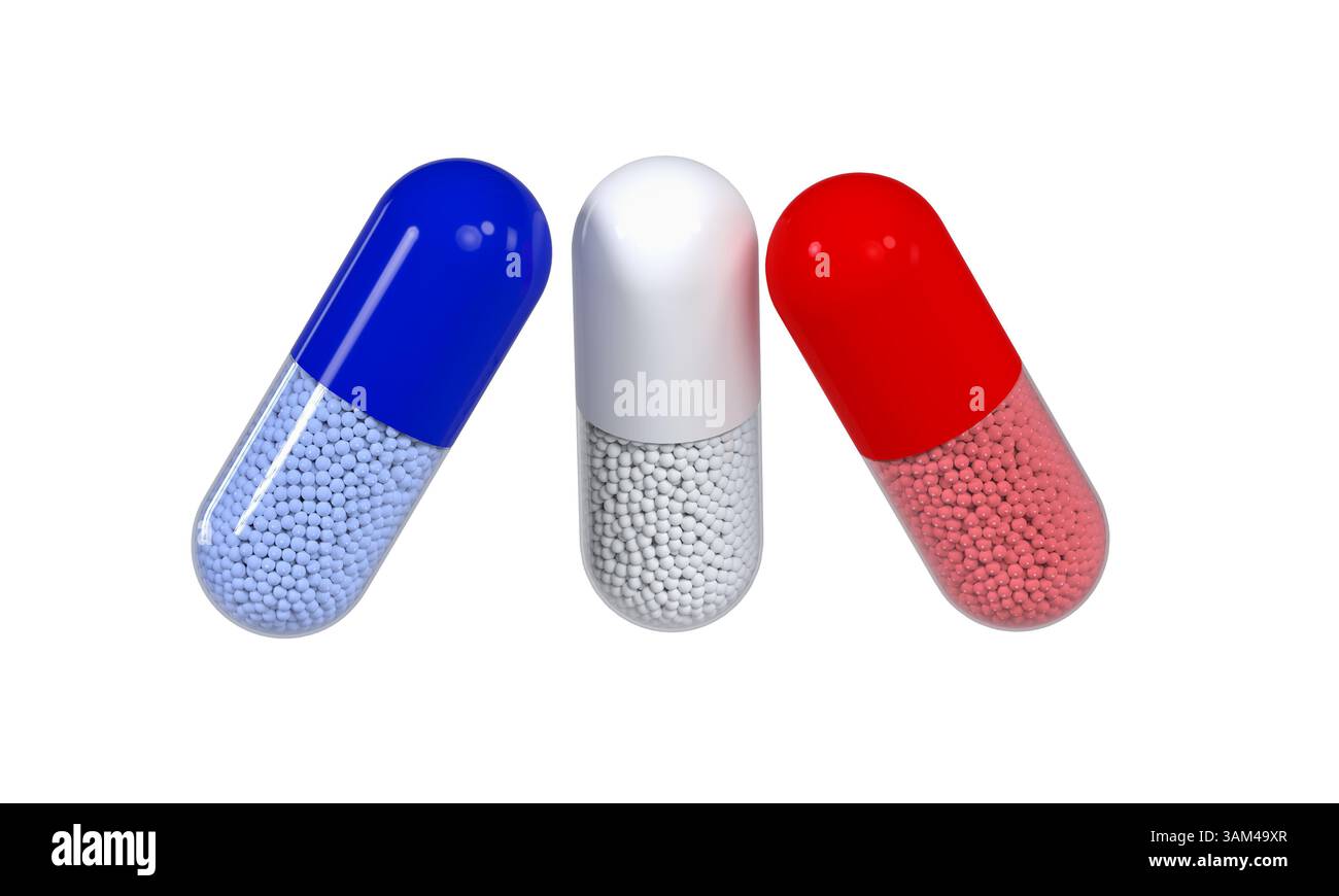 blue, white, and red capsules, made in France - 3D rendering Stock ...