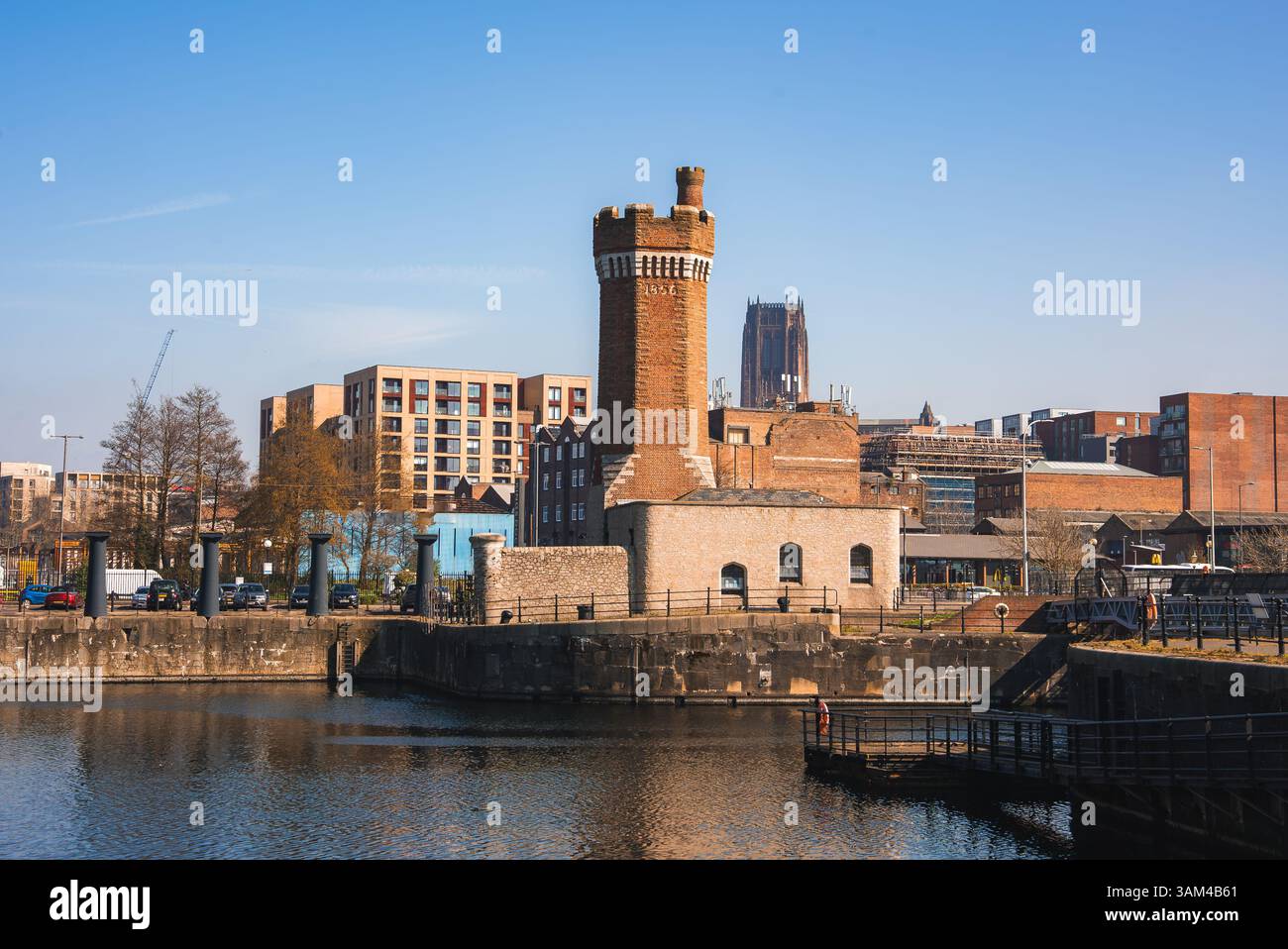 Liverpool Waterfront with Historic Brick Tower and Cathedral View Stock ...