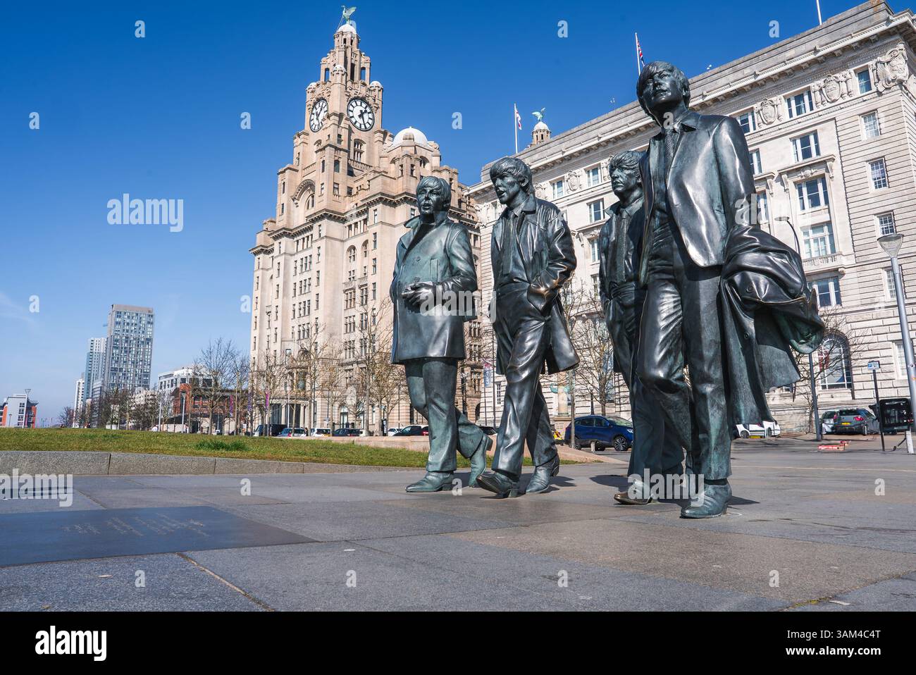 The Beatles Statue and Royal Liver Building in Liverpool, England Stock ...