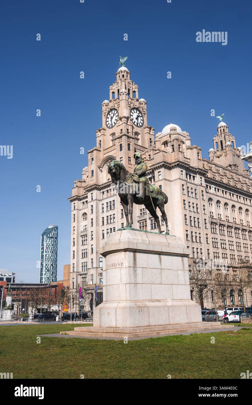 Royal Liver Building and King Edward VII Statue in Liverpool, England ...