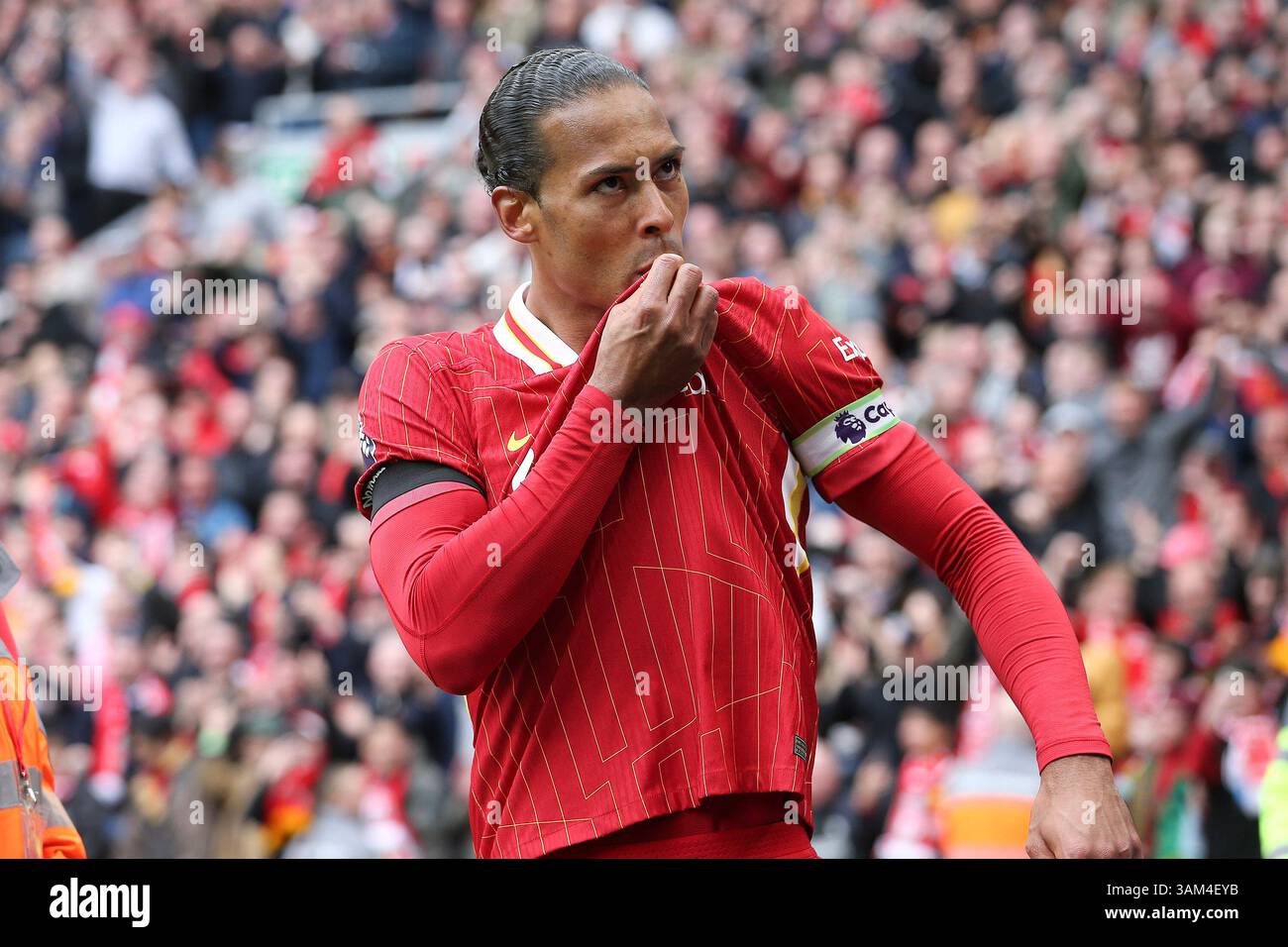 Liverpool, UK. 13th Apr, 2025. Virgil van Dijk of Liverpool celebrates ...