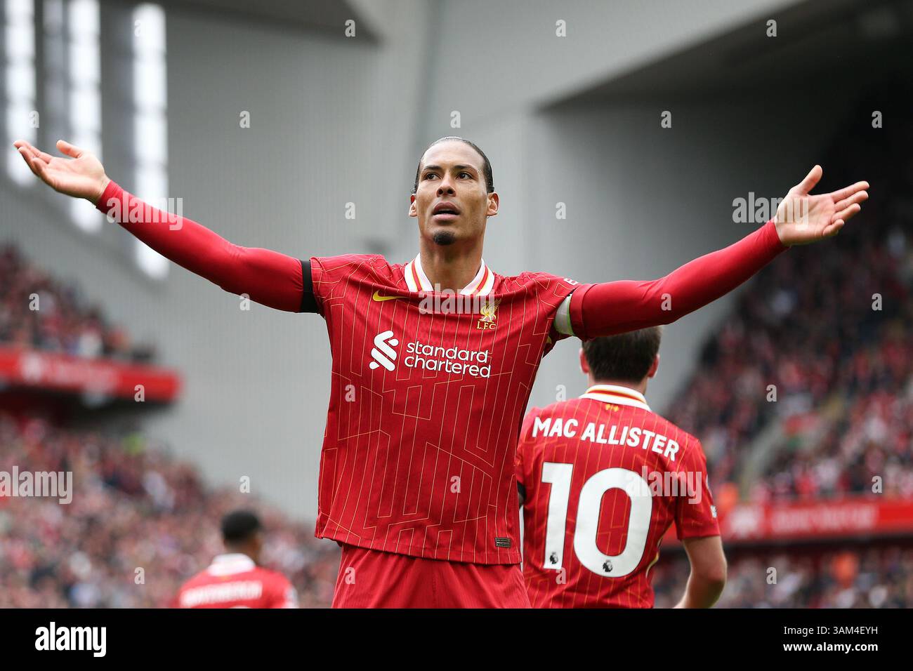 Liverpool, UK. 13th Apr, 2025. Virgil van Dijk of Liverpool celebrates ...