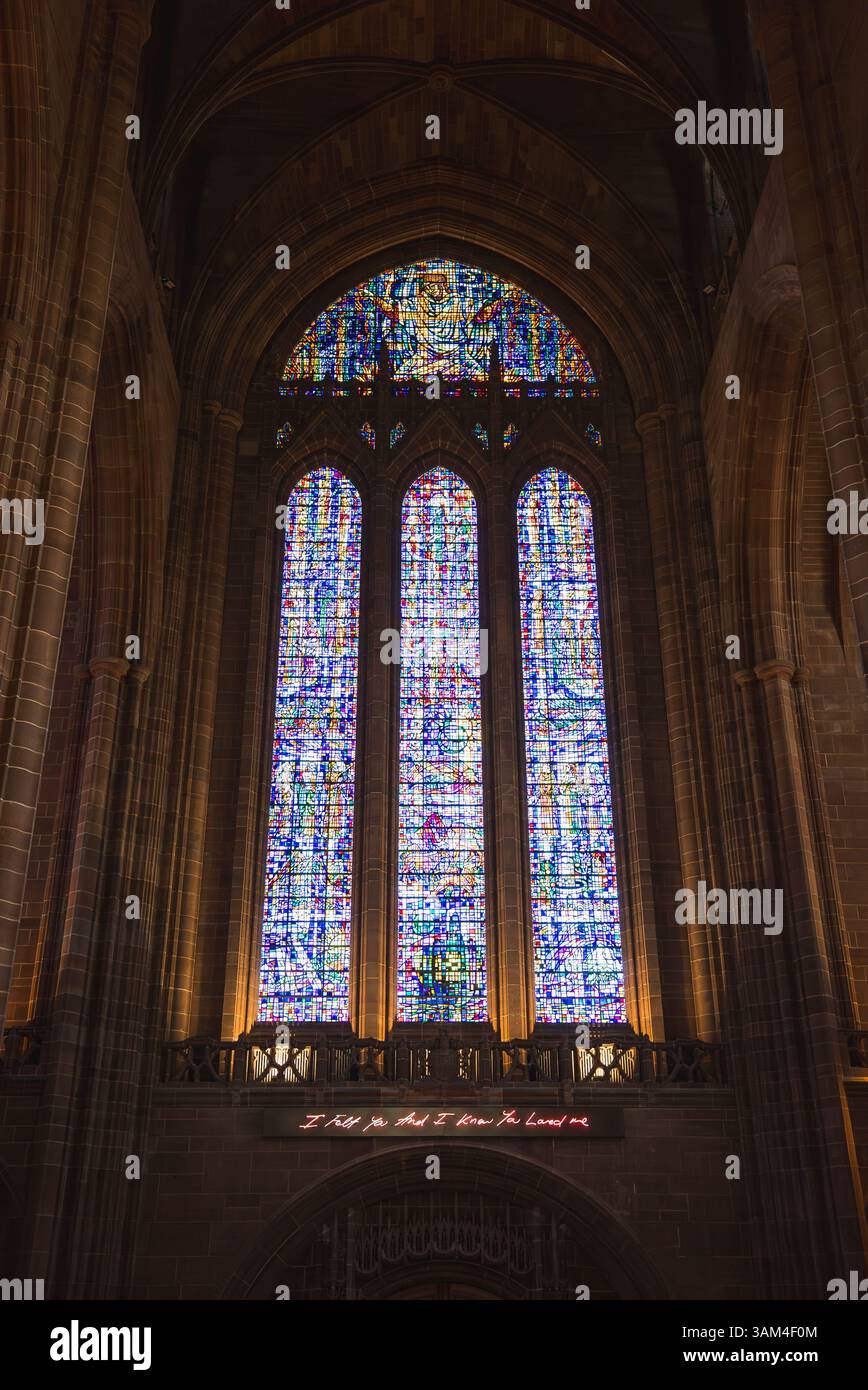 Stained Glass Windows and Neon Inscription in Liverpool Cathedral Stock ...