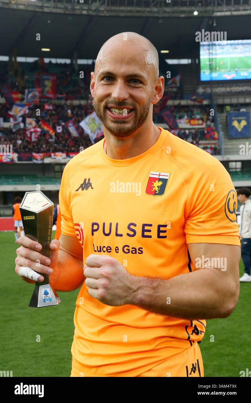 Genoa’s goalkeeper Nicola Leali with Panini Player of the match prize ...