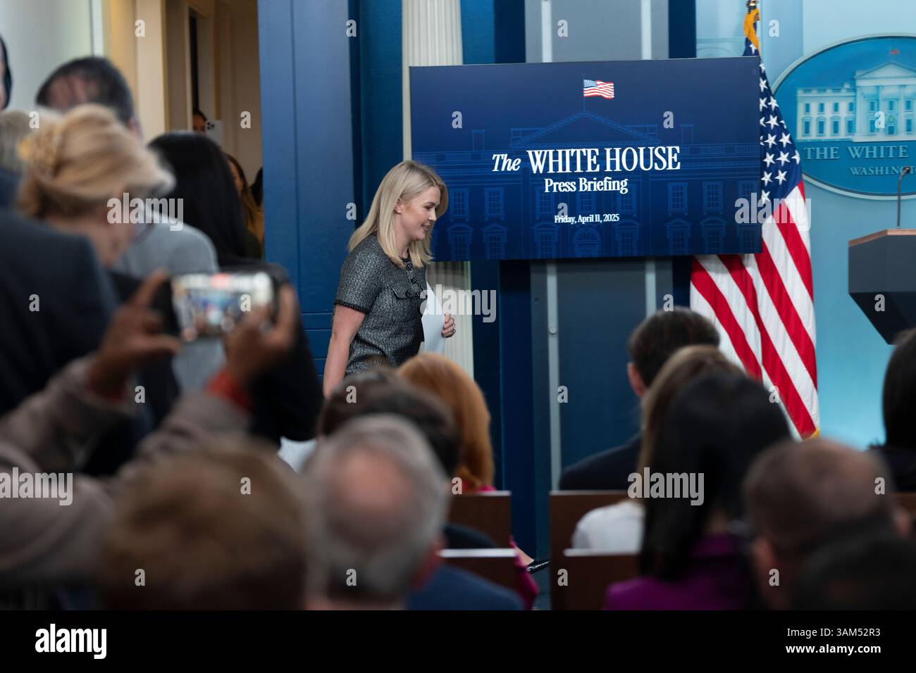 White House Press Secretary Karoline Leavitt arrives to hold a briefing in the James S Brady ...