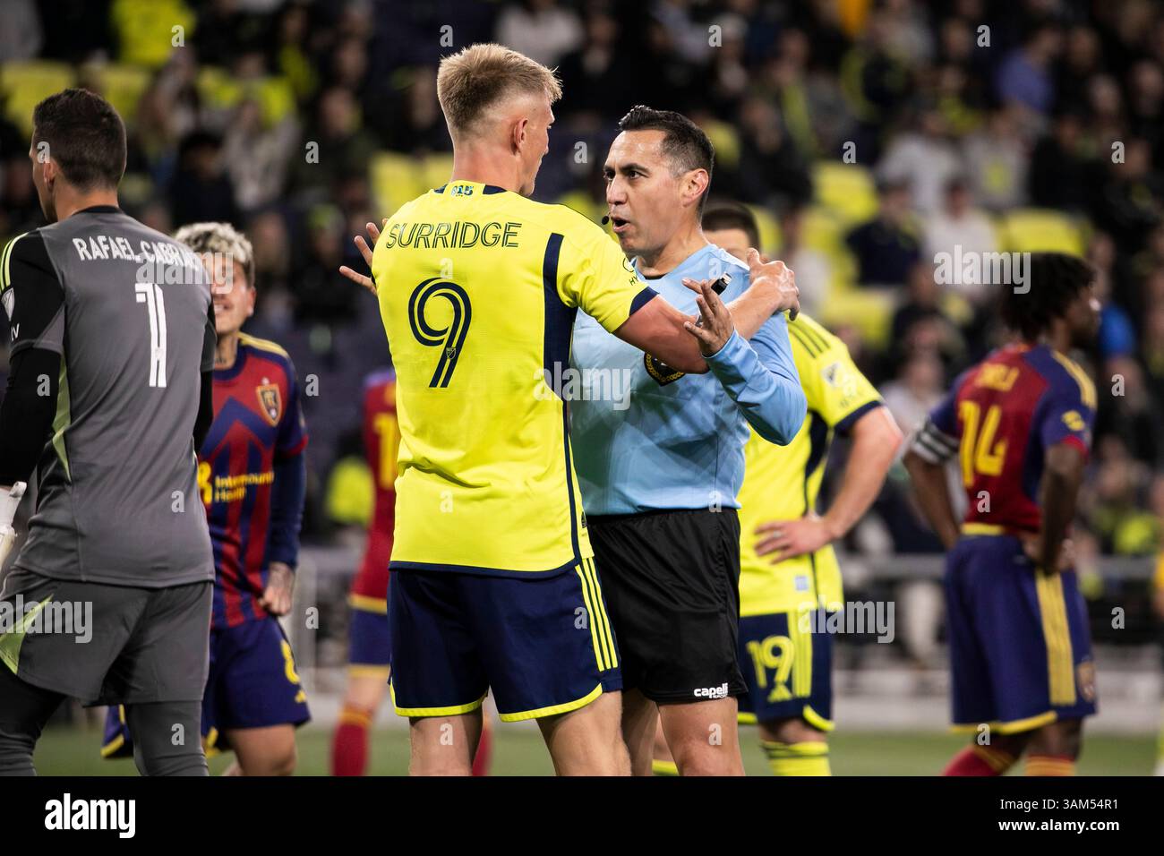 Nashville SC forward Sam Surridge (9) talks with the referee during the ...