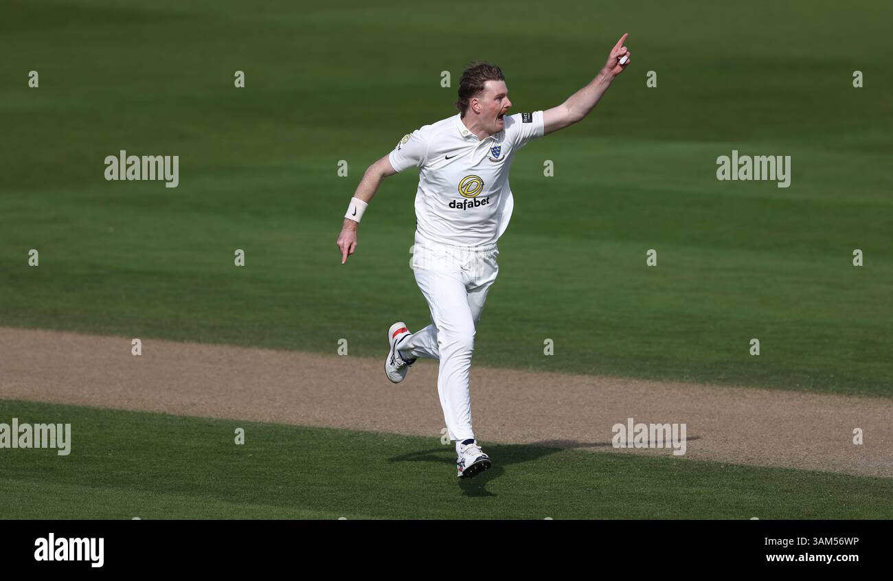 Hove, UK. 13th Apr, 2025. Sussex's Sean Hunt celebrates taking the ...