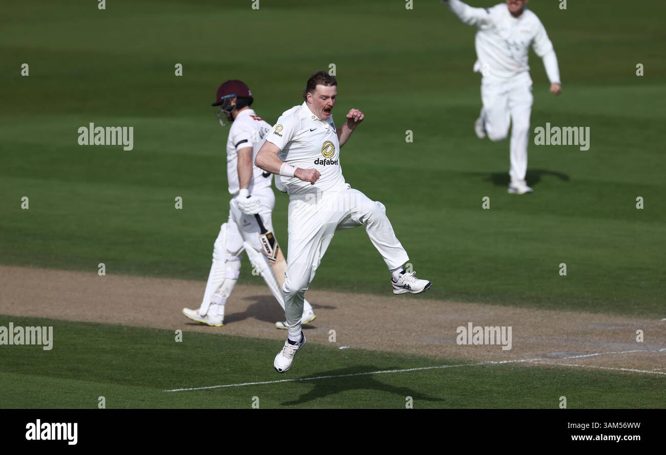 Hove UK 13th April, 2025 : Sussex's Sean Hunt celebrates taking the ...