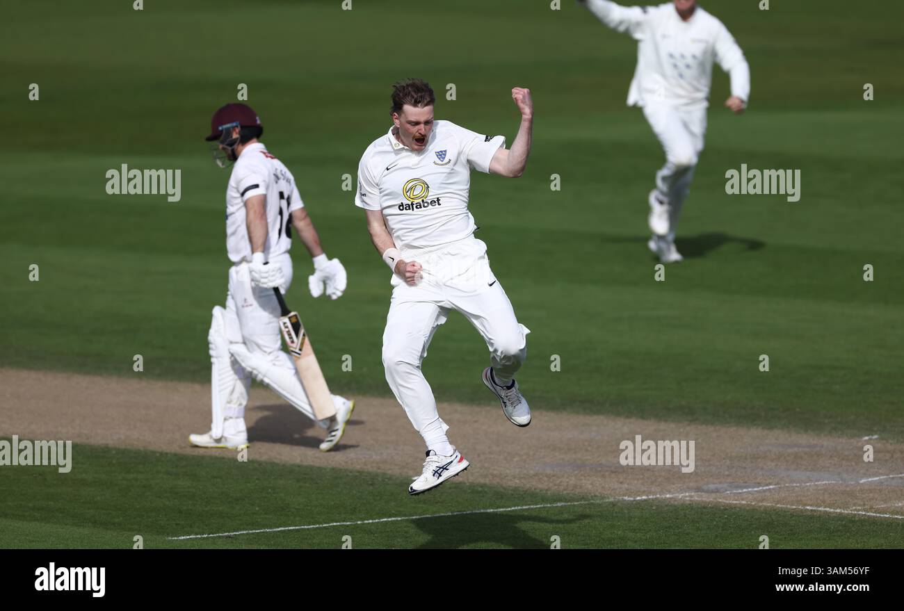 Hove, UK. 13th Apr, 2025. Sussex's Sean Hunt celebrates taking the ...