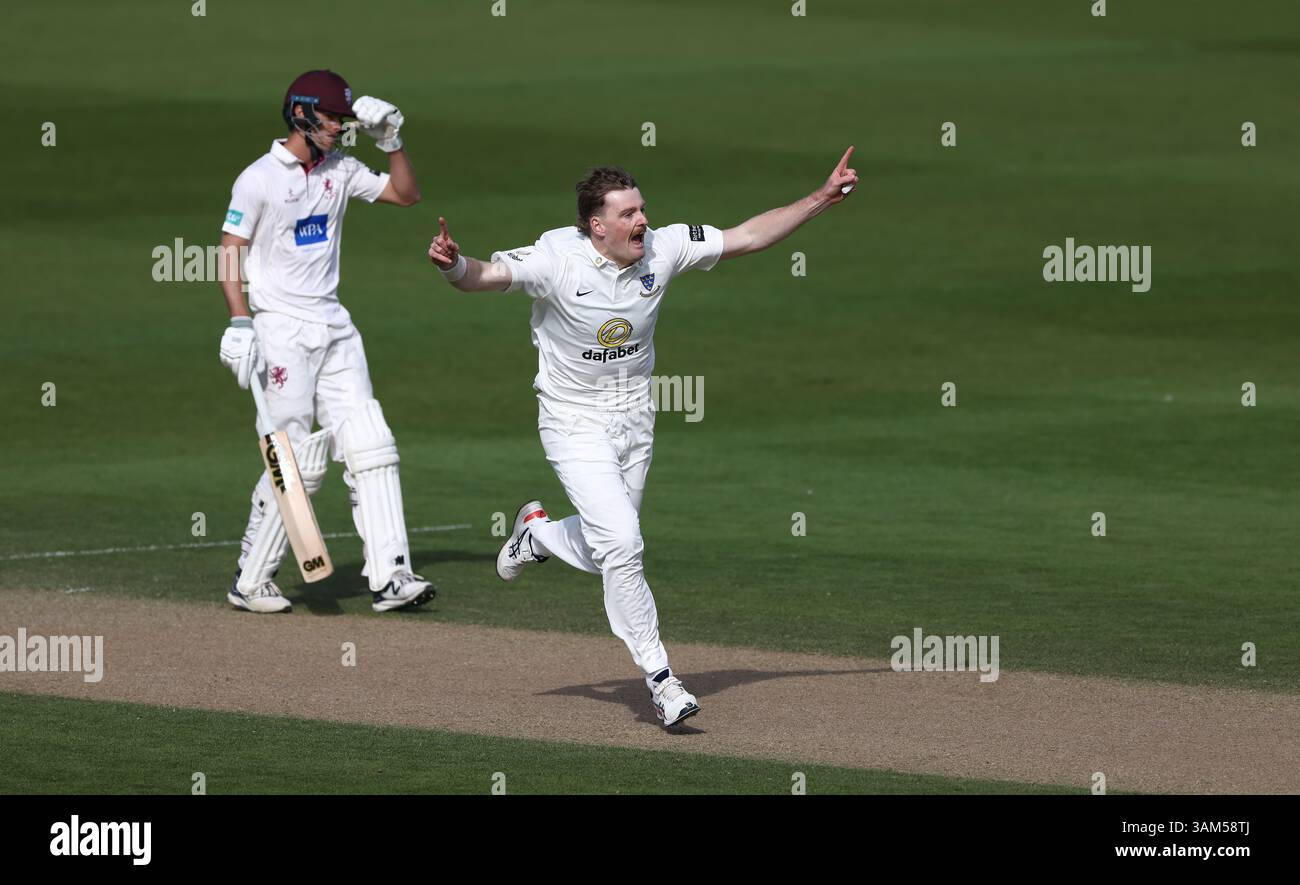 Hove, UK. 13th Apr, 2025. Sussex's Sean Hunt celebrates taking the ...