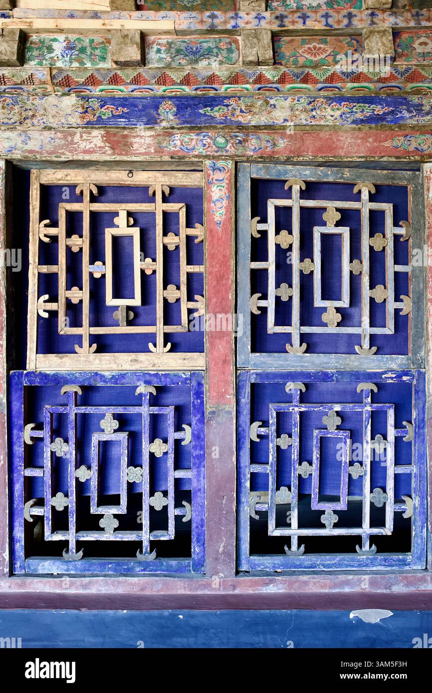Painted wooden window lattice with ornamental detail inside Leh Palace ...