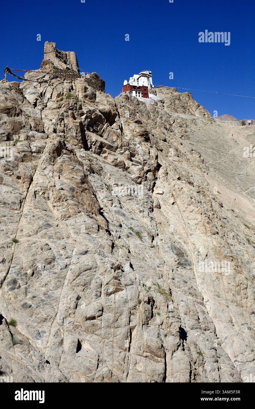 View of Tsemo Maitreya Temple and nearby fort ruins perched on a rocky ...