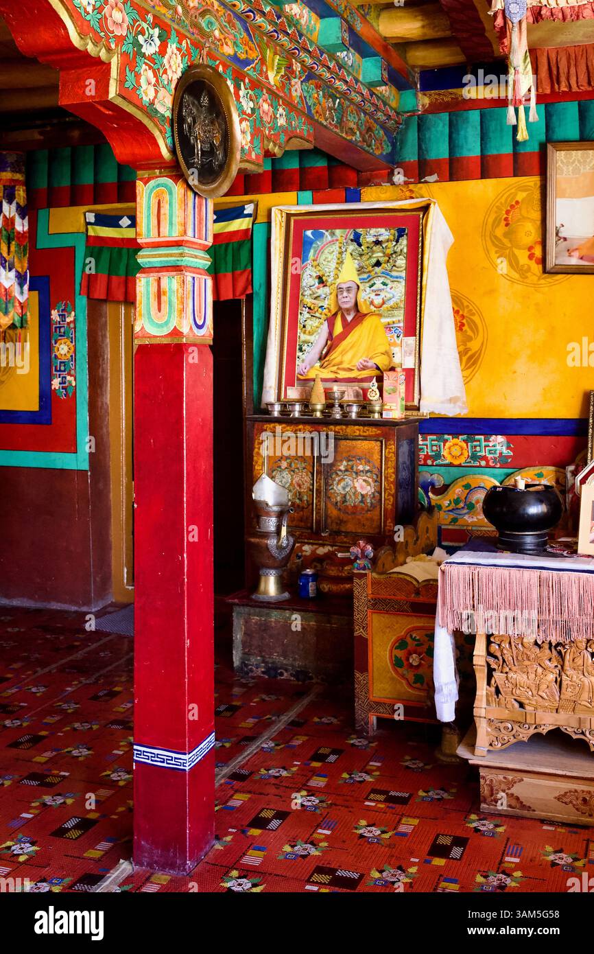 Ornate shrine and audience room inside Spituk Monastery, Ladakh, used ...