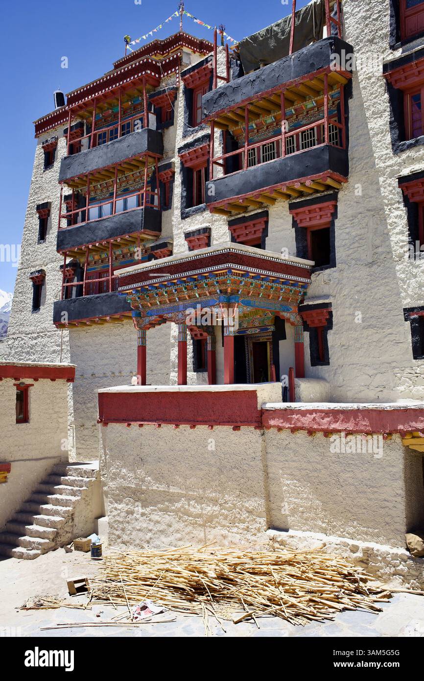 Residential wing and balcony details at Spituk Monastery, Ladakh, with ...