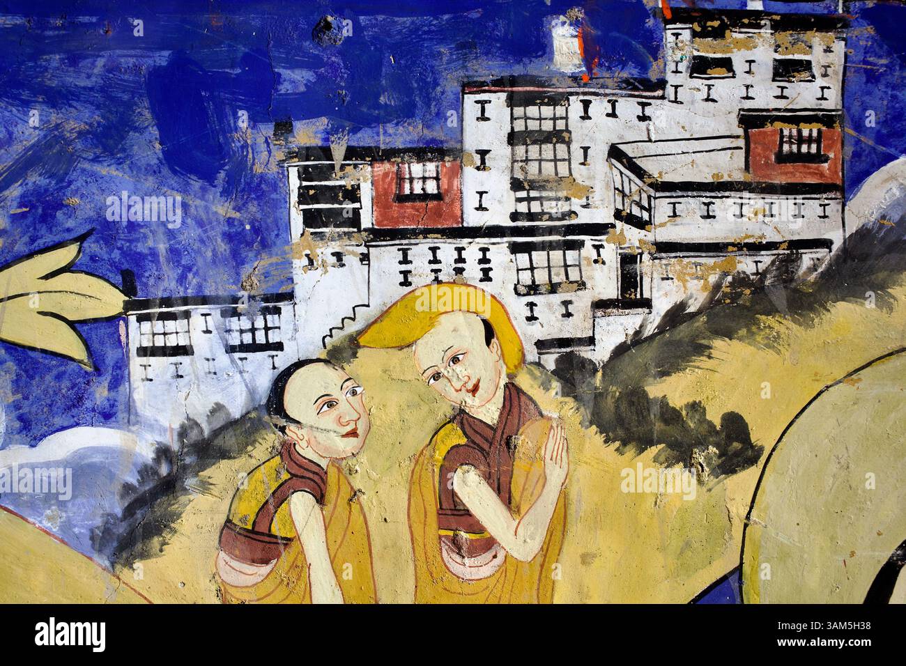 Mural detail of two Gelug monks in dialogue before a monastery ...