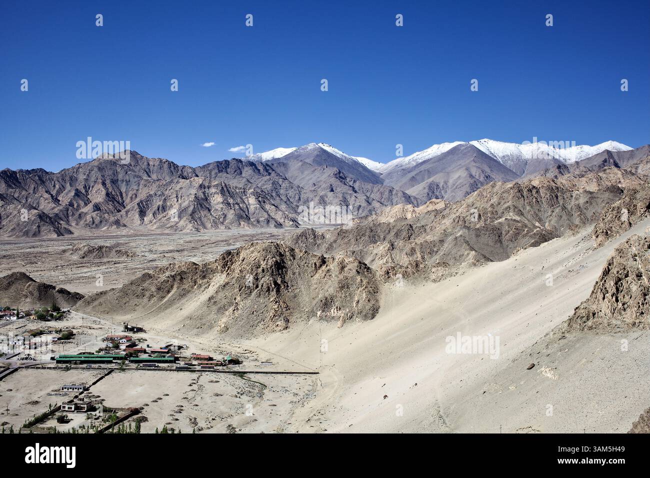 Expansive Himalayan landscape with rocky ridges and snow-dusted peaks ...