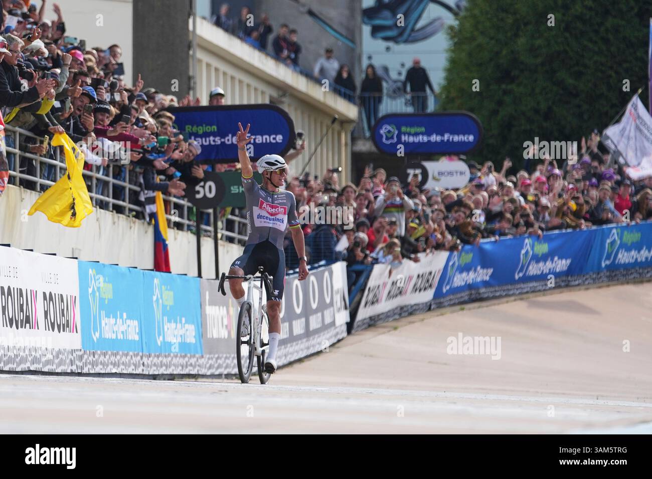 Mathieu van der Poel, of the Netherlands, approaches the finish line on ...