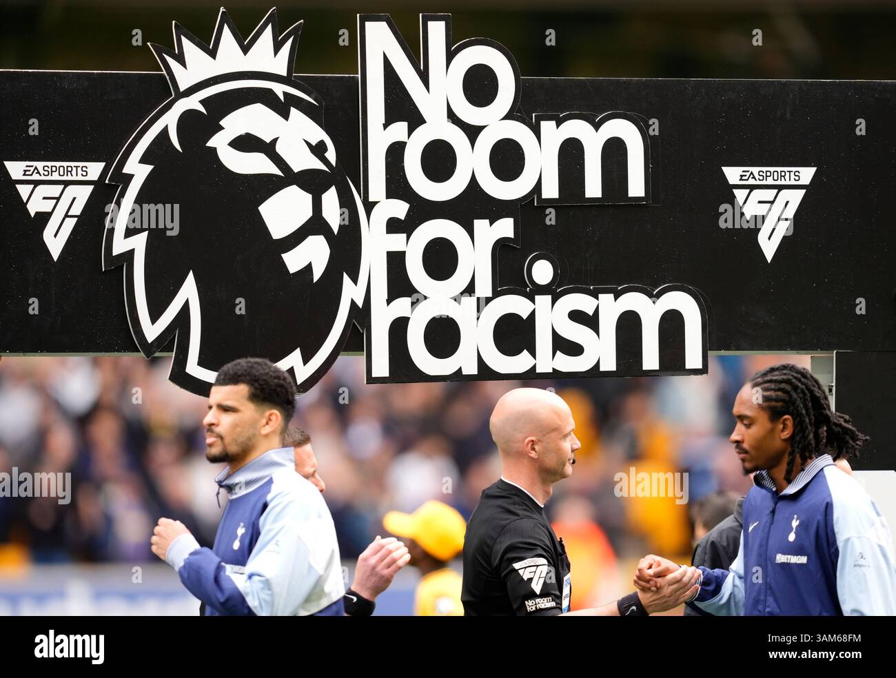 A general view of No Room For Racism branding on a hoarding during the ...