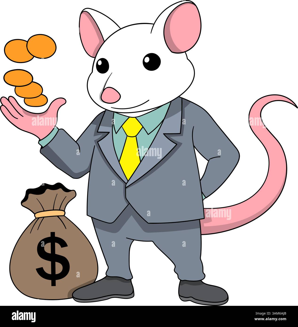 Vector cartoon of a white mouse in a business suit juggling coins and ...