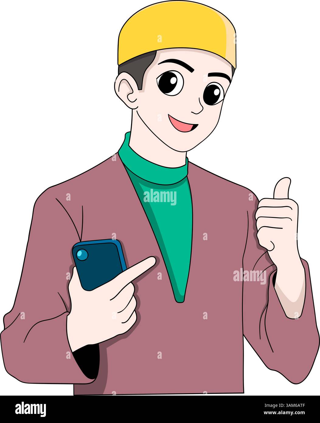 Cartoon illustration of a smiling Muslim boy in traditional attire ...