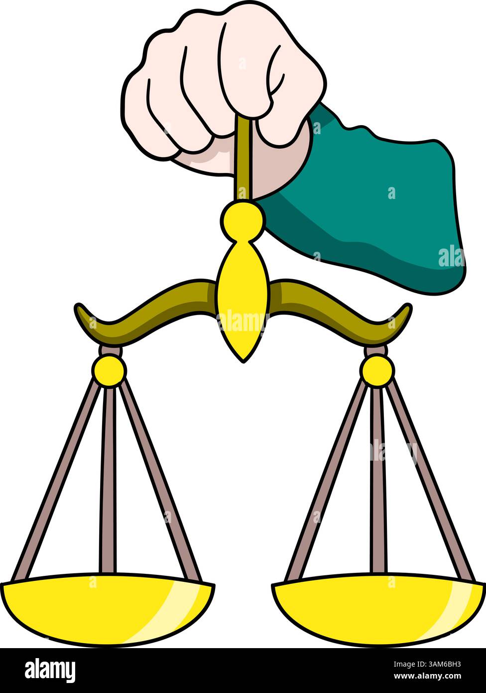Vector cartoon illustration of a hand holding a golden balance scale ...